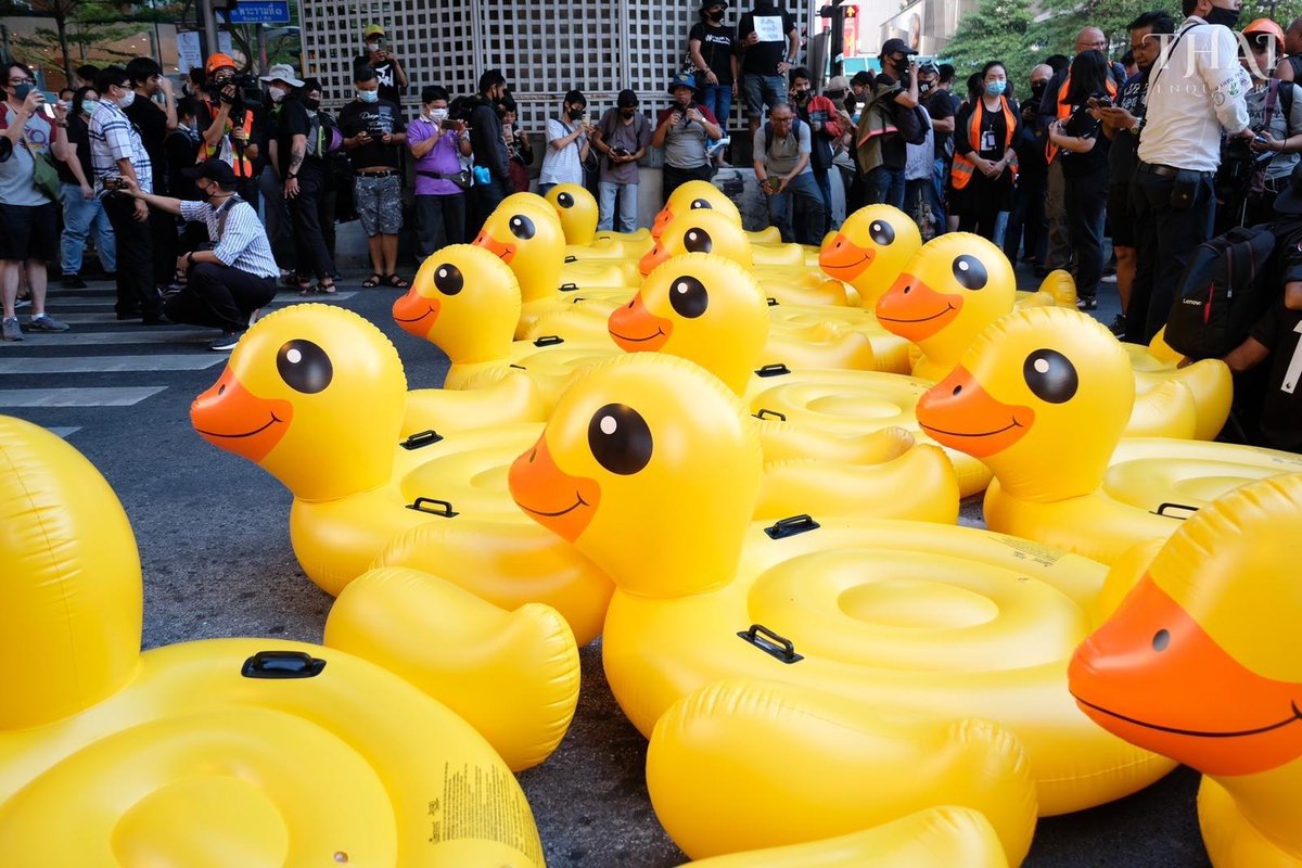 Rubber ducks being deployed en masse towards the protest stage. After ...