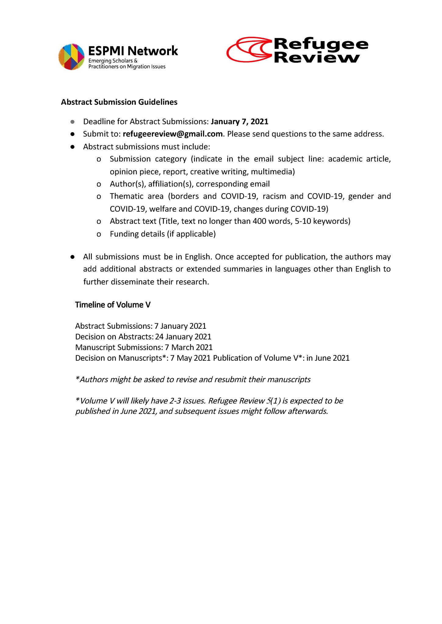 Refugee Review on Twitter: "🎉Call for Submissions for Volume V is now ...