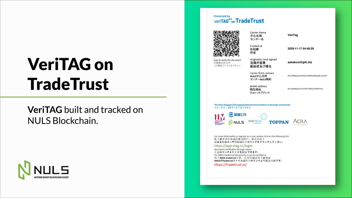 #NULS Blockchain & partner #VeriTAG working together with #TradeTrust ...