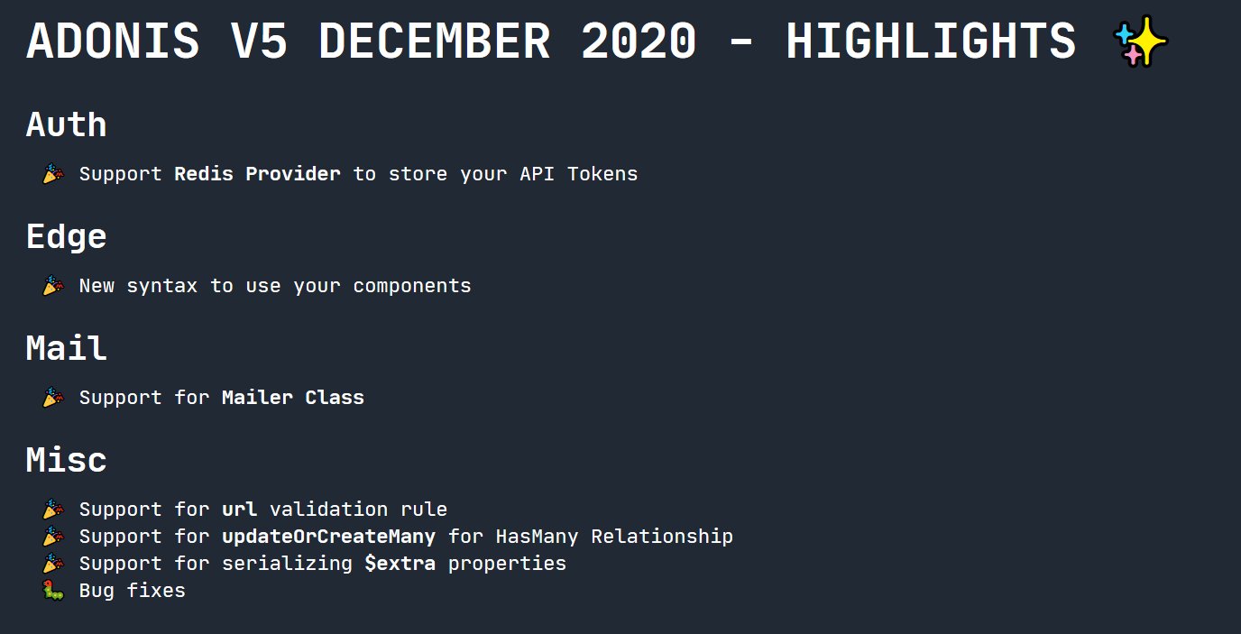 AdonisJS on Twitter: "We are pleased to release the Adonis V5 December 2020 update! 🎉 ⚡ Added ...
