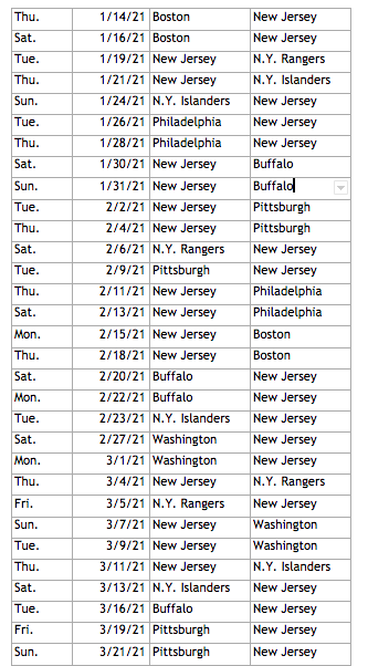 Corey Masisak tweets the full schedule for the Devils 2020-21 (56 game ...