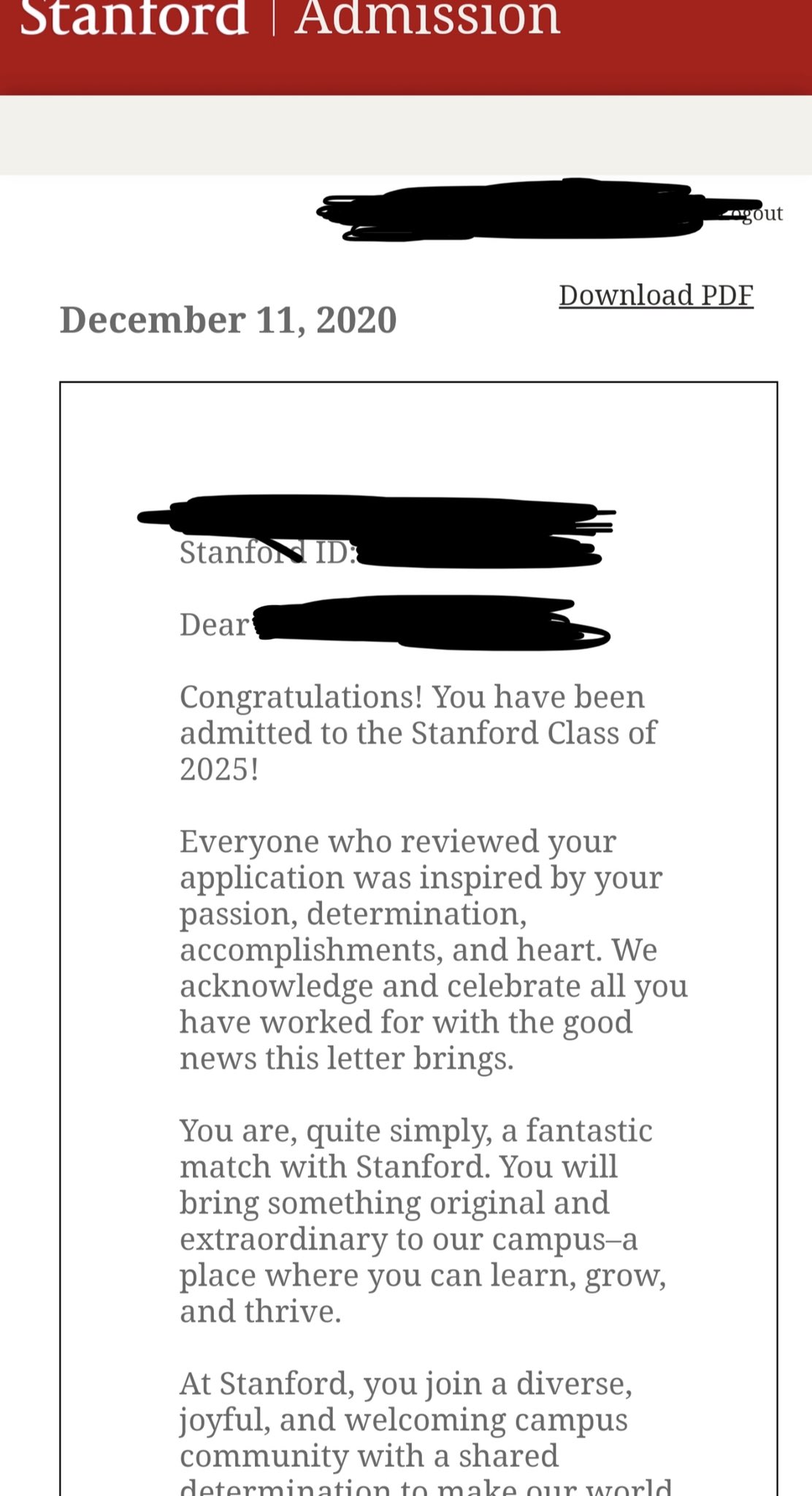 Stanford Acceptance Email