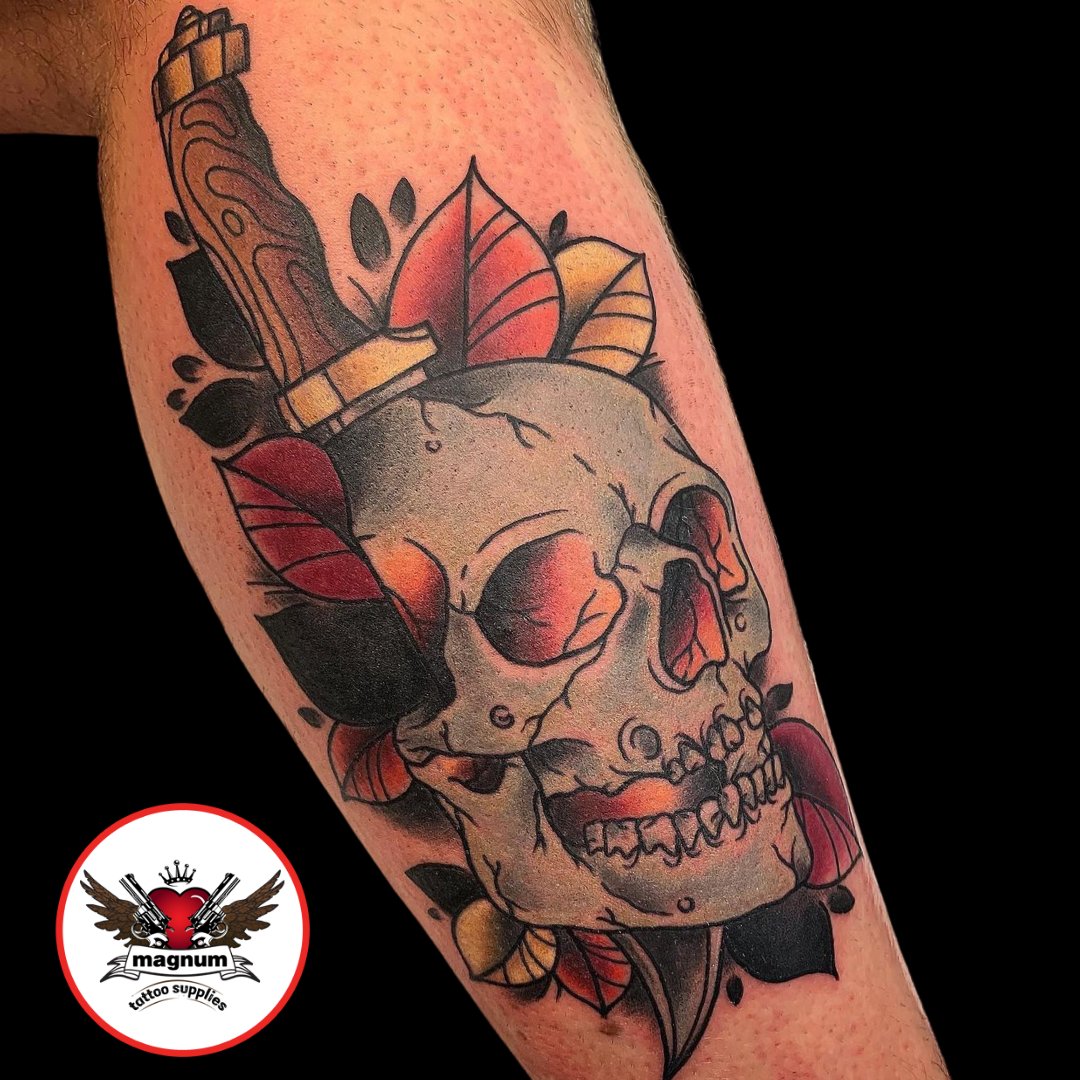 Neo Traditional Skull And Dagger Tattoo