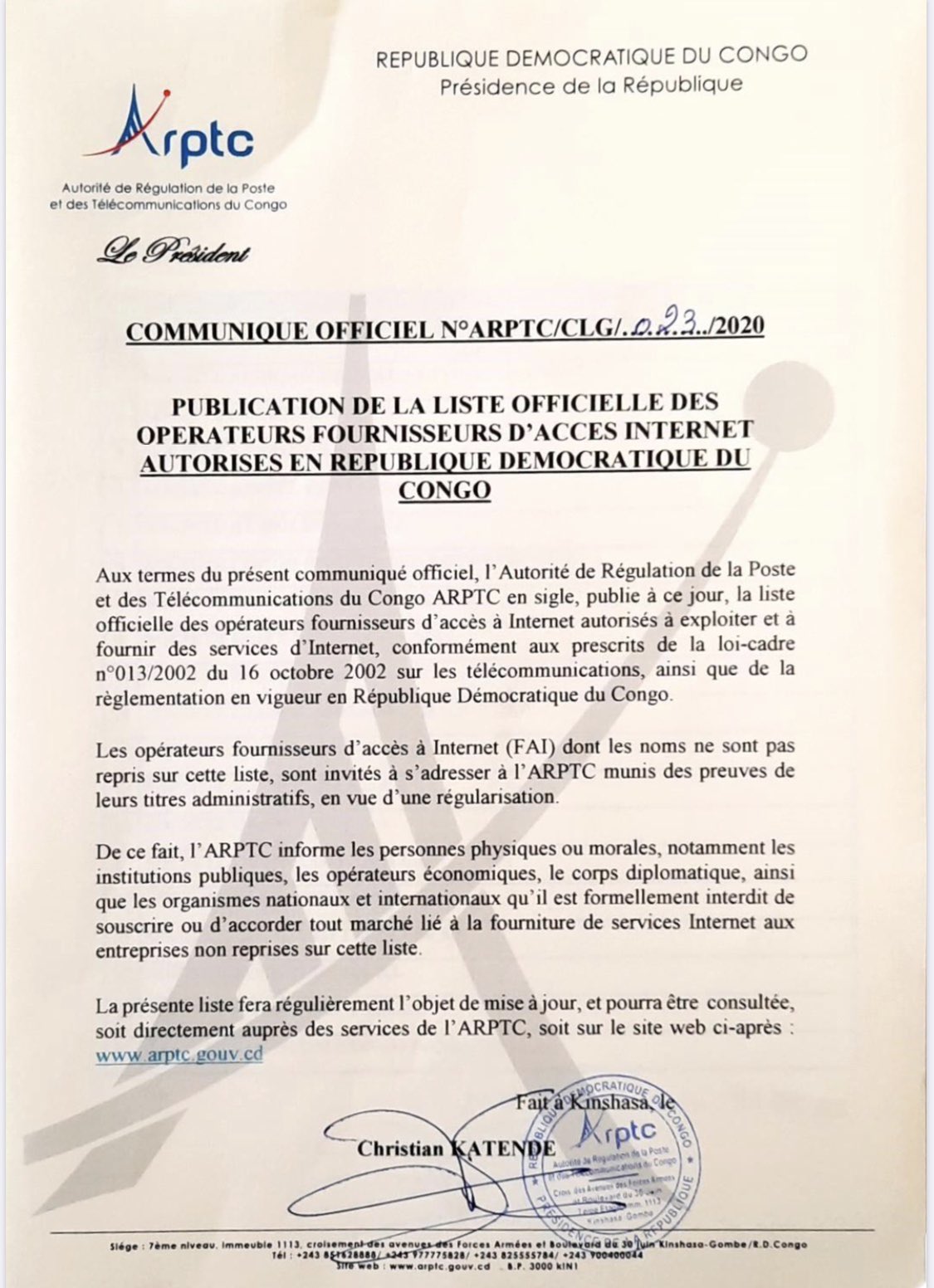 ARPTC Officiel on Twitter: "14/12/20 l’@OfficielArptc porte à la connaissance du public, dans un ...