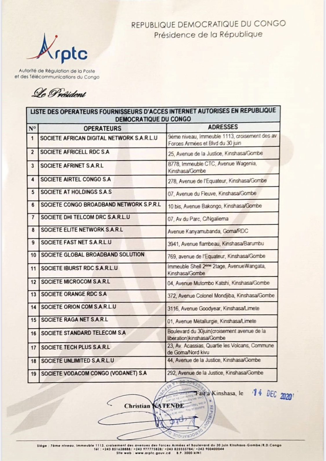 ARPTC Officiel on Twitter: "14/12/20 l’@OfficielArptc porte à la connaissance du public, dans un ...