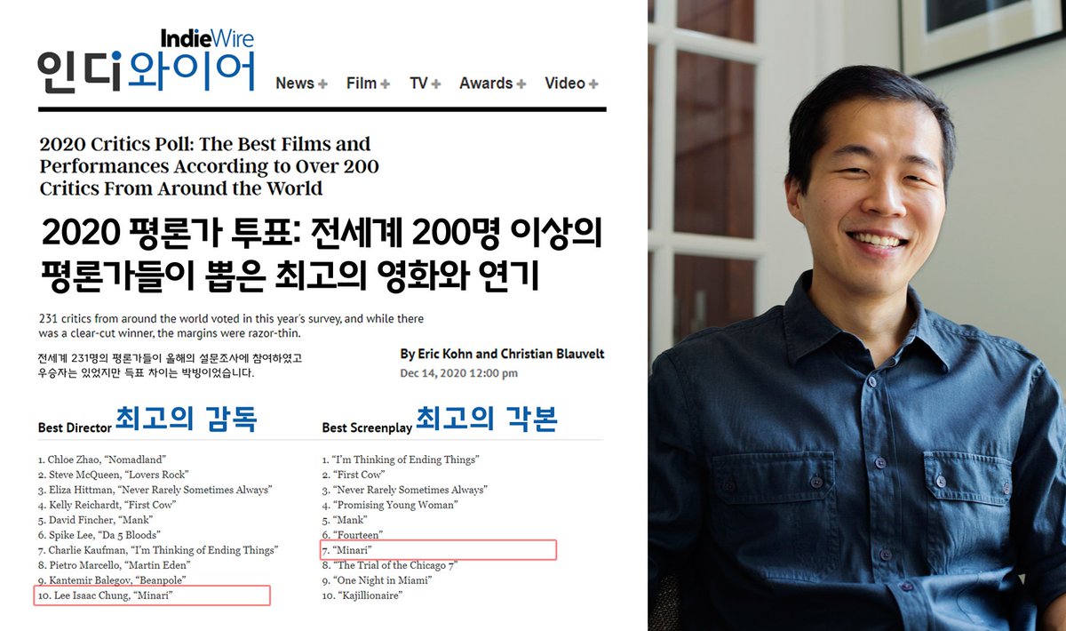 판씨네마 on Twitter: "#미나리 @indiewire #인디와이어 美 평론가 231인 선정 '올해 최고의 감독 10인', '올해 최고의 각본 TOP10' #정이삭 ...