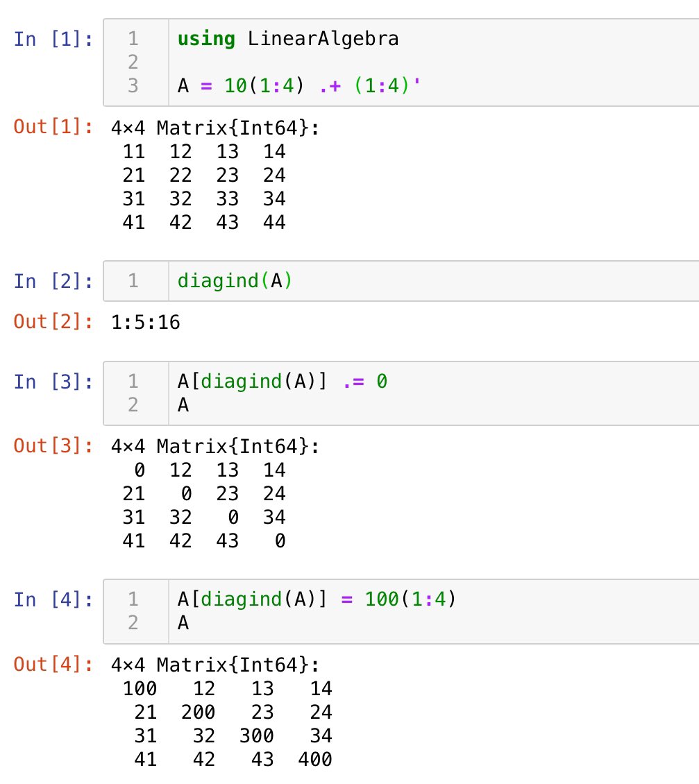 黒木玄 Gen Kuroki on Twitter: "@mayataka_ #Julia言語 行列Aの対角成分のみを置き換えたい場合には A[diagind(A)] .= 0 # 対角成分を ...