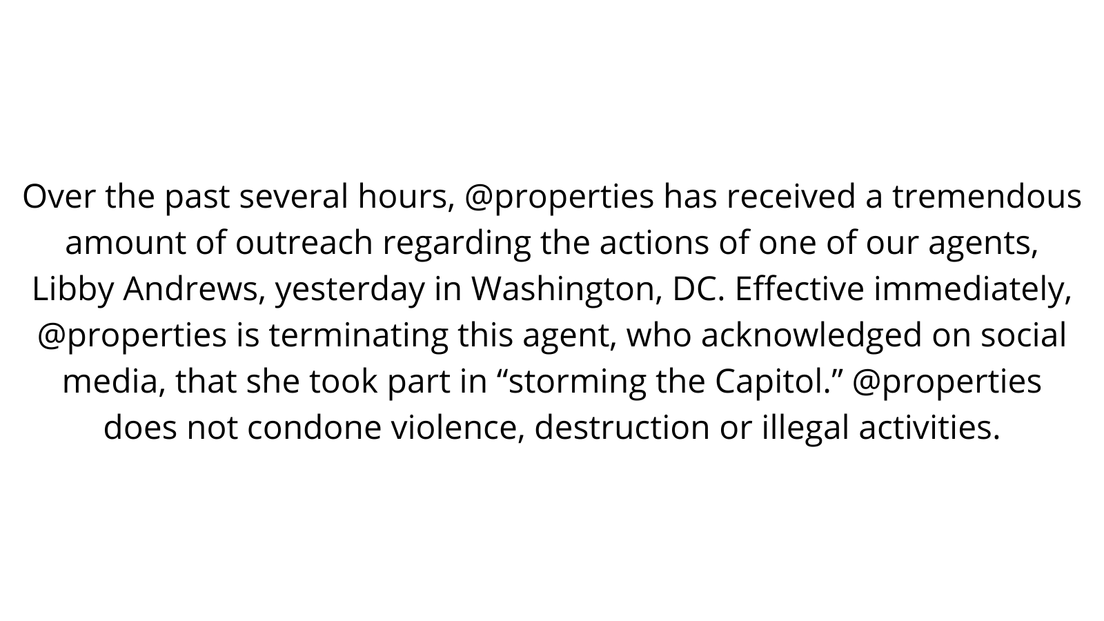 @properties on Twitter: "@properties' official statement on former agent, Libby Andrews. https ...