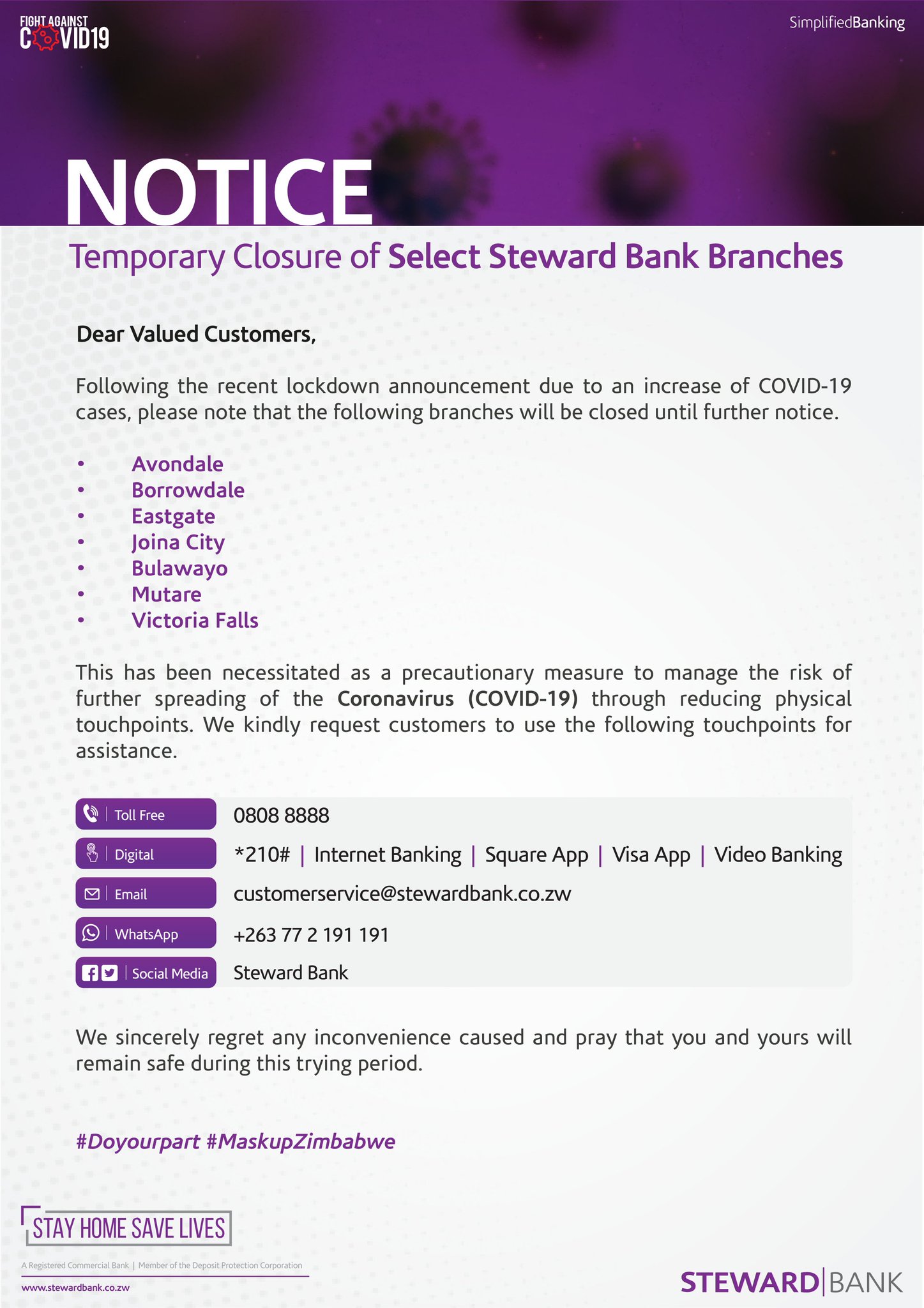 Steward Bank on Twitter: "Public Notice: Temporary Closure of Select Branches https://t.co ...