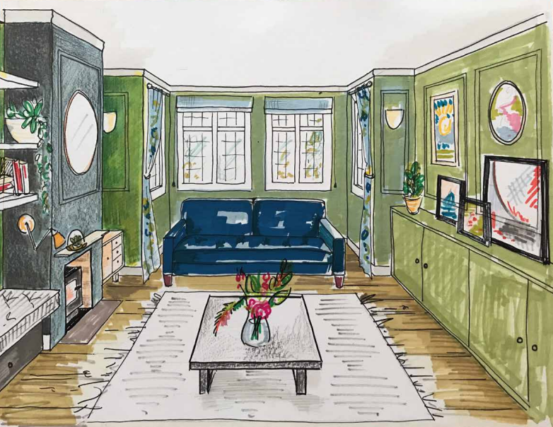 Modern Living Room Perspective Drawing