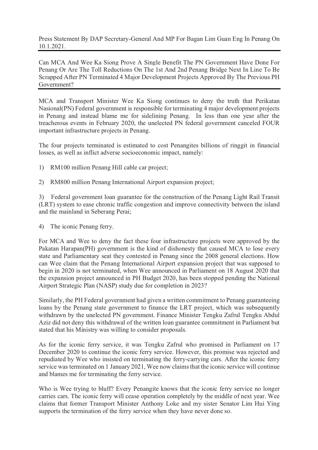 Lim Guan Eng on Twitter: "Can MCA And Wee Ka Siong Prove A Single Benefit The PN Government Have ...