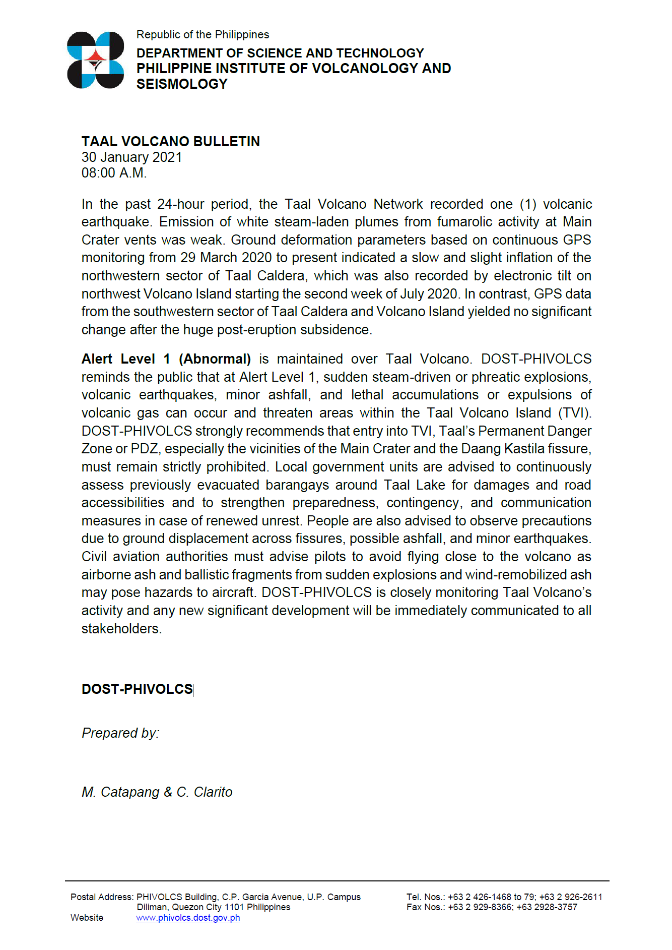 PHIVOLCS-DOST on Twitter: "TAAL VOLCANO BULLETIN 30 January 2021 08:00 A.M. #TaalVolcano https ...