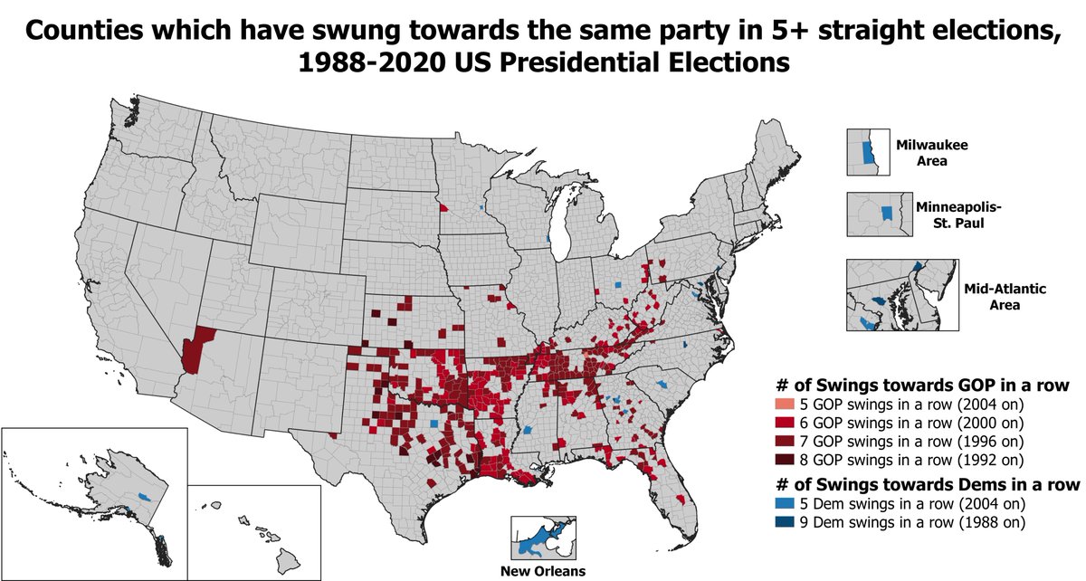 Map of counties by how many times in a row they swung towards each ...