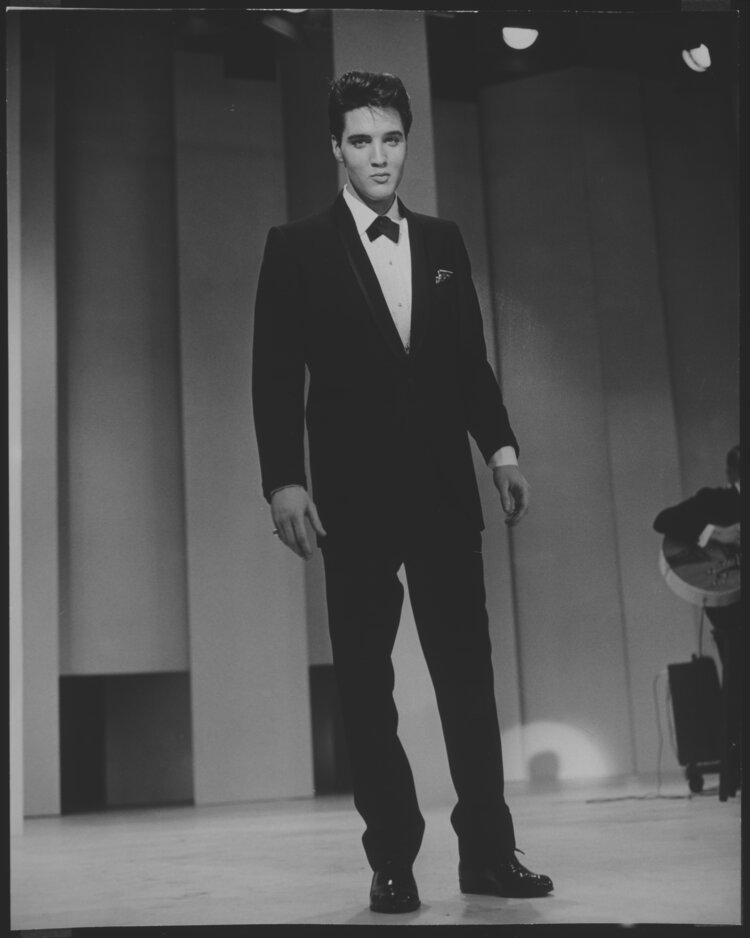 Elvis Presley Black Suit Silver Tie Photo Shoot Famous Artist From