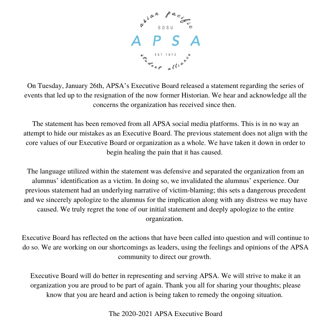 SDSU's APSA on Twitter: "The 2020-2021 Executive Board acknowledges our mistakes along with the ...