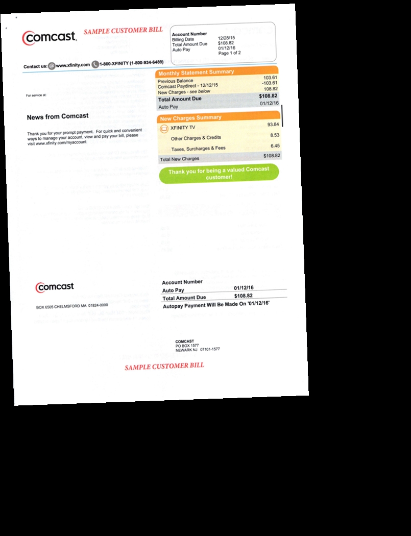 Sample Comcast Cable Bill