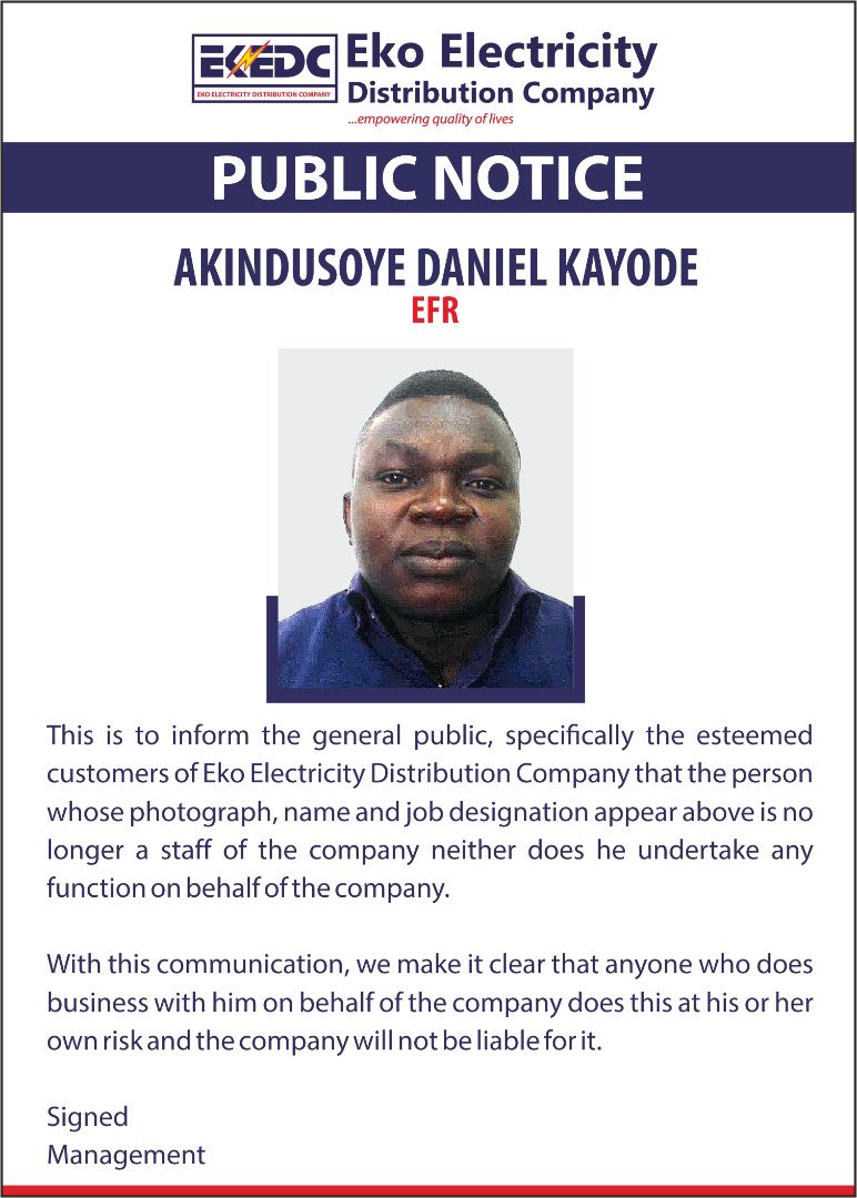 Eko Electricity Distribution Company on Twitter: "DISCLAIMER AGAINST AKINDUSOYE DANIEL KAYODE ...