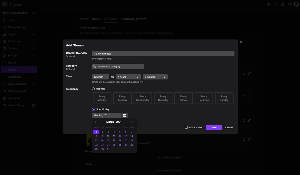 Now launched, one-time segments for Stream Schedules : r/Twitch