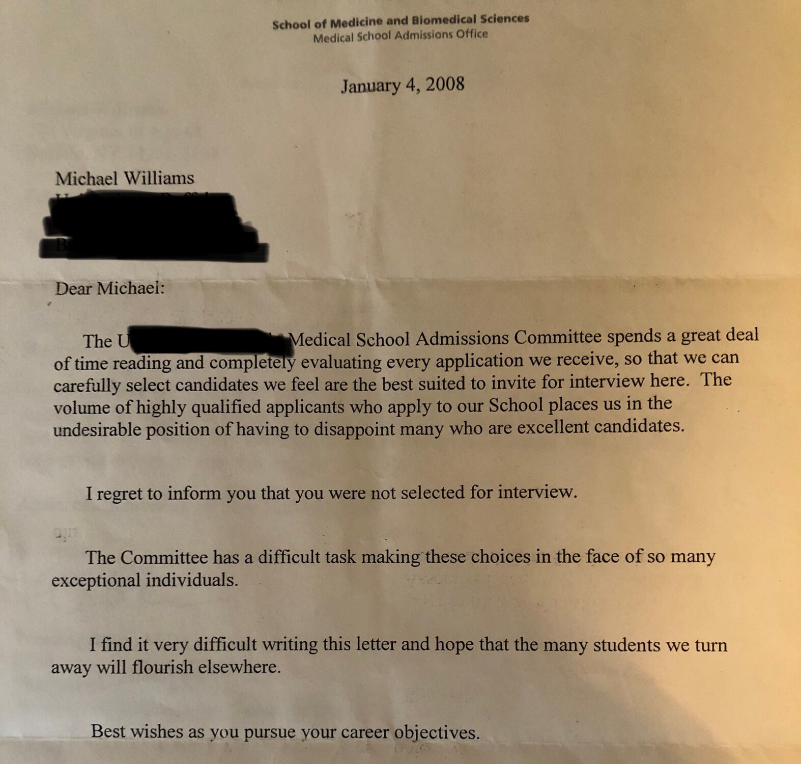 Medical School Rejection Letter