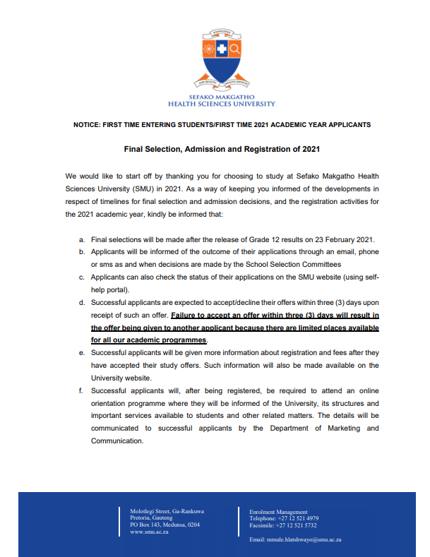 Sefako Makgatho Health Sciences University (SMU) on Twitter: "ICYMI: Final selection, admission ...