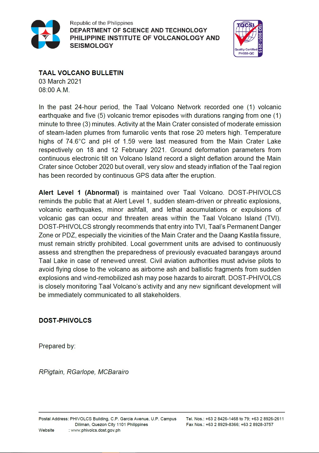 PHIVOLCS-DOST on Twitter: "TAAL VOLCANO BULLETIN 03 March 2021 08:00 A.M. #TaalVolcano https://t ...