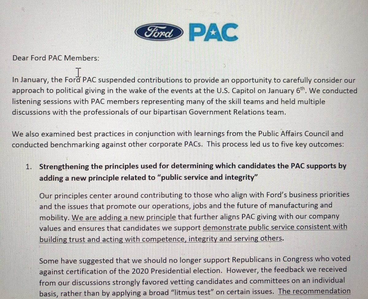 NEW: @ford PAC resuming political donations; will not issue blanket ban ...