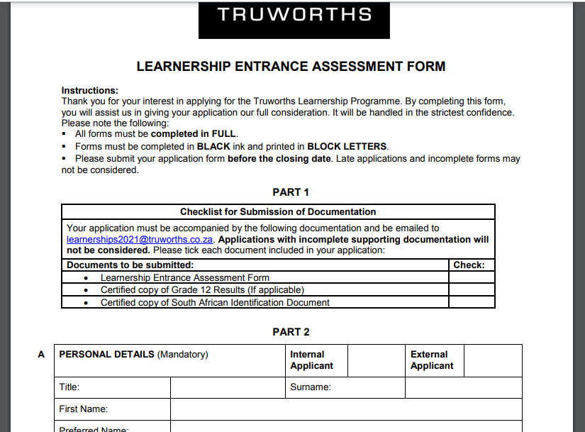 Truworths Learnership 2023 Application Form - Printable Forms Free Online