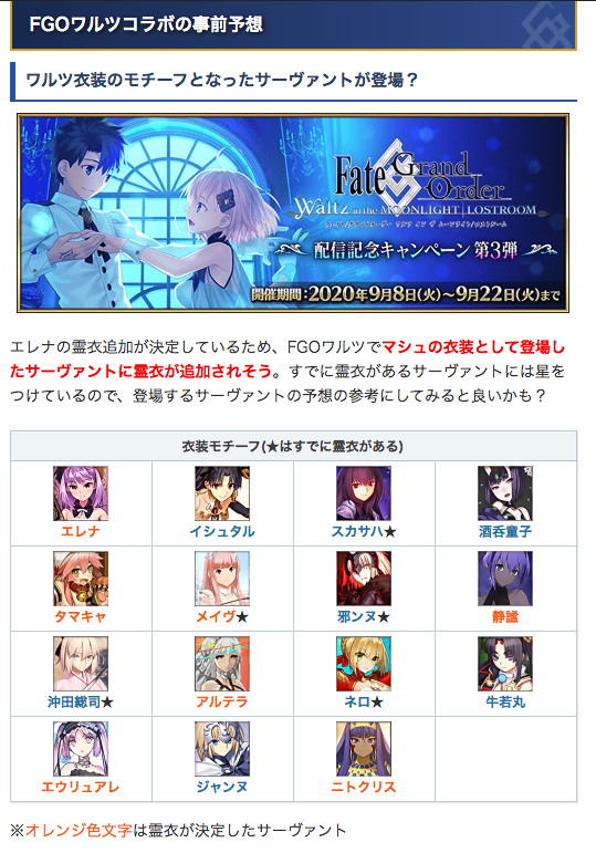 FGO攻略班@AppMedia on Twitter: "ワルツコラボの霊衣発表も残すところ4騎になりました。ワルツで衣装があったサーヴァント路線の予想は間違ってなさそうです。 まだ霊衣がない ...