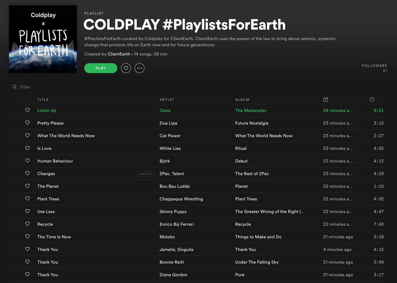 Coldplay on Twitter: "We’ve created a playlist for our friends @ClientEarth, who use the power ...