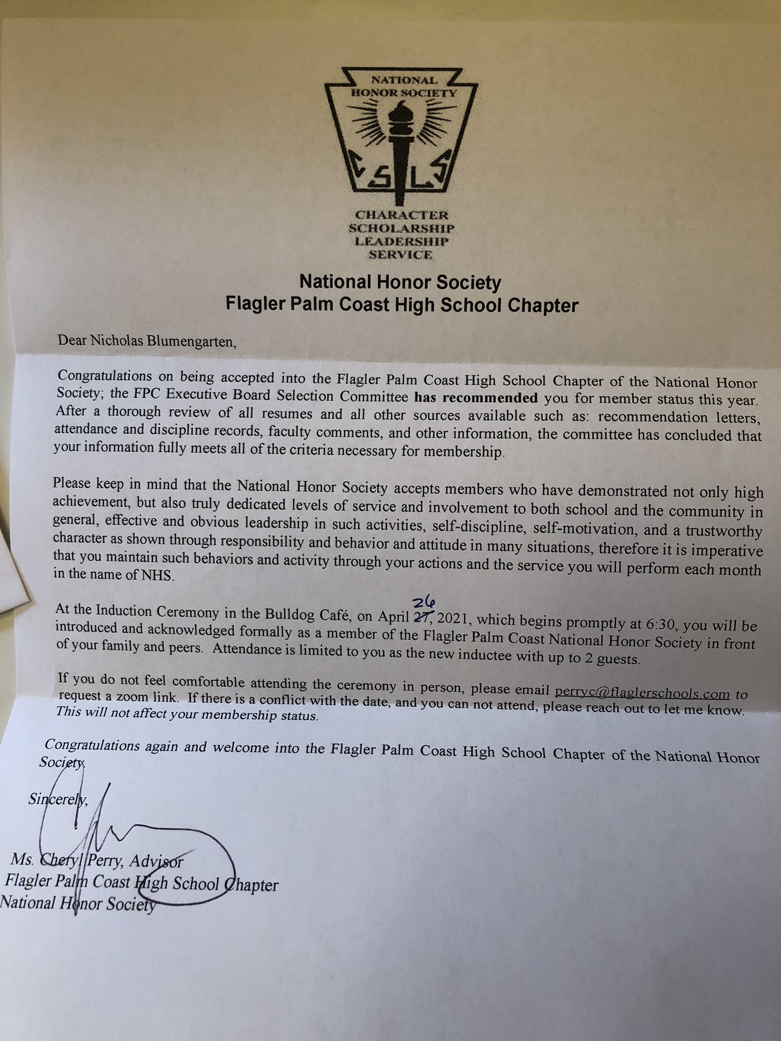 National Honor Society Acceptance Letter