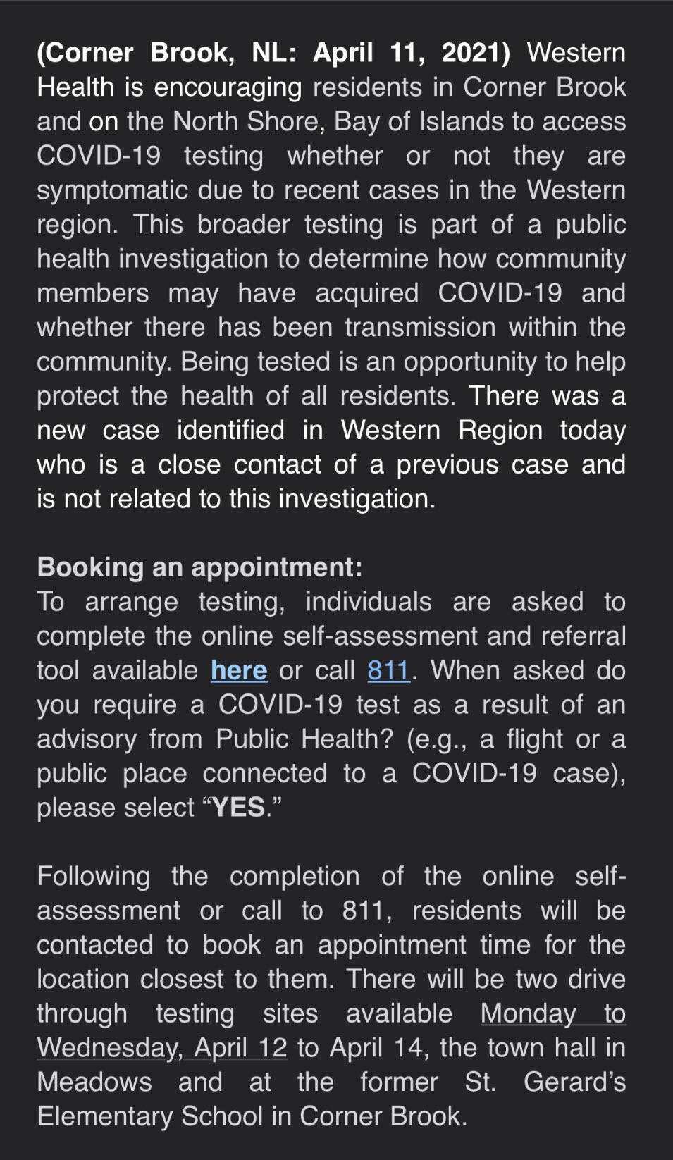 Don Bradshaw on Twitter: "BREAKING: @WesternHealthNL encouraging everyone in Corner Brook and ...