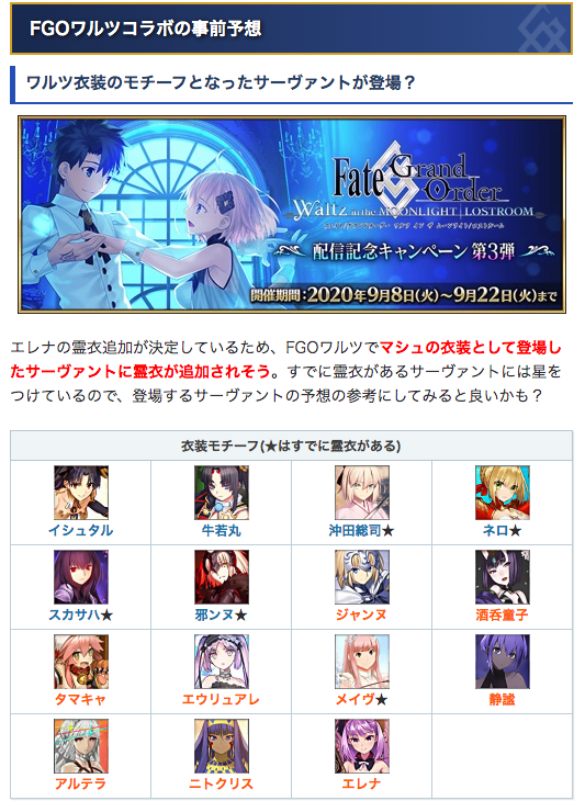FGO攻略班@AppMedia on Twitter: "ワルツコラボの霊衣は残すところあと2騎！ 未だ霊衣がないマシュ衣装があった鯖路線は継続中なので、残りはイシュタルと牛若丸が最有力候補だ ...