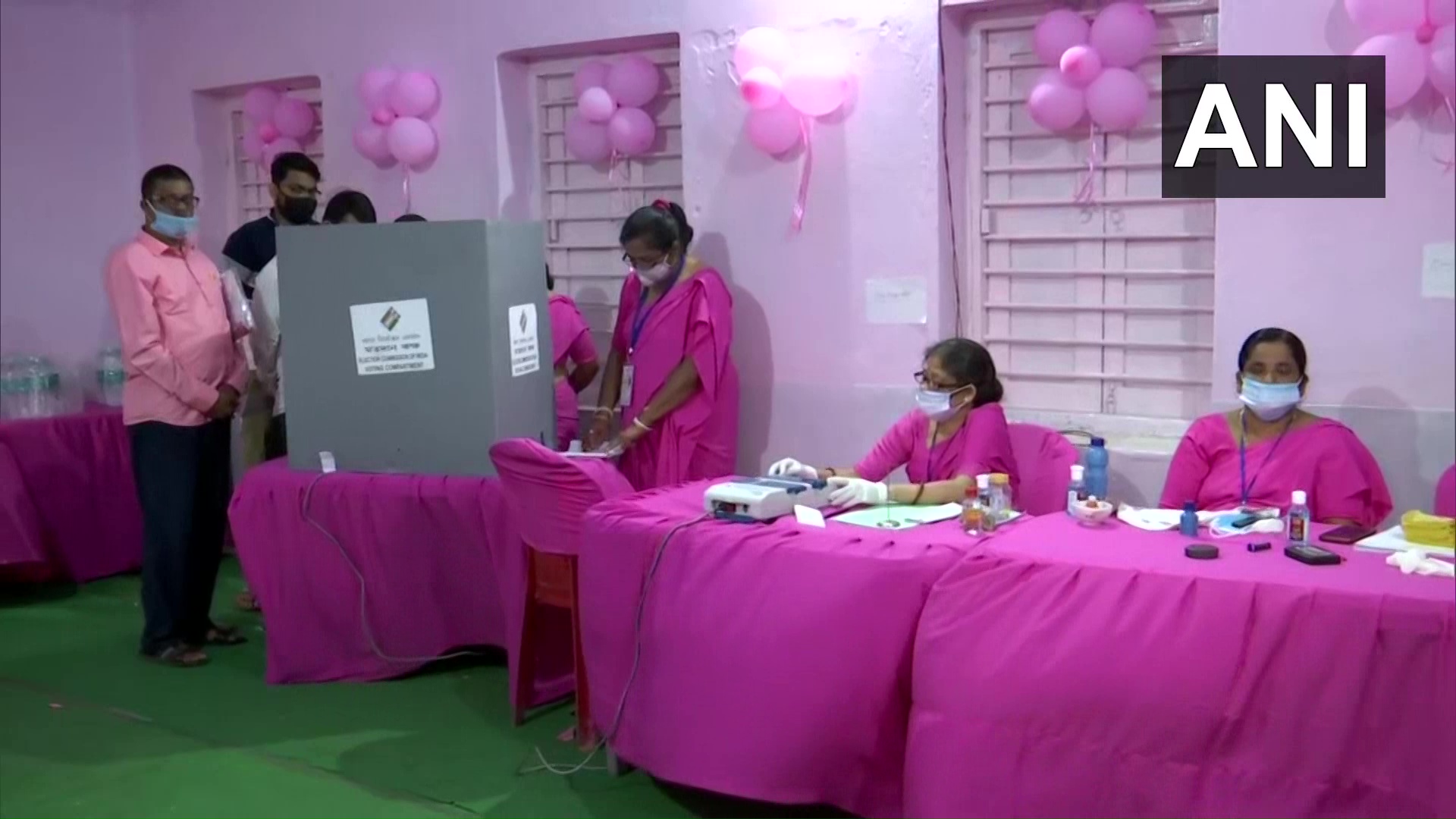 ANI on Twitter: "West Bengal: Election officials conduct a mock poll at a pink polling booth in ...