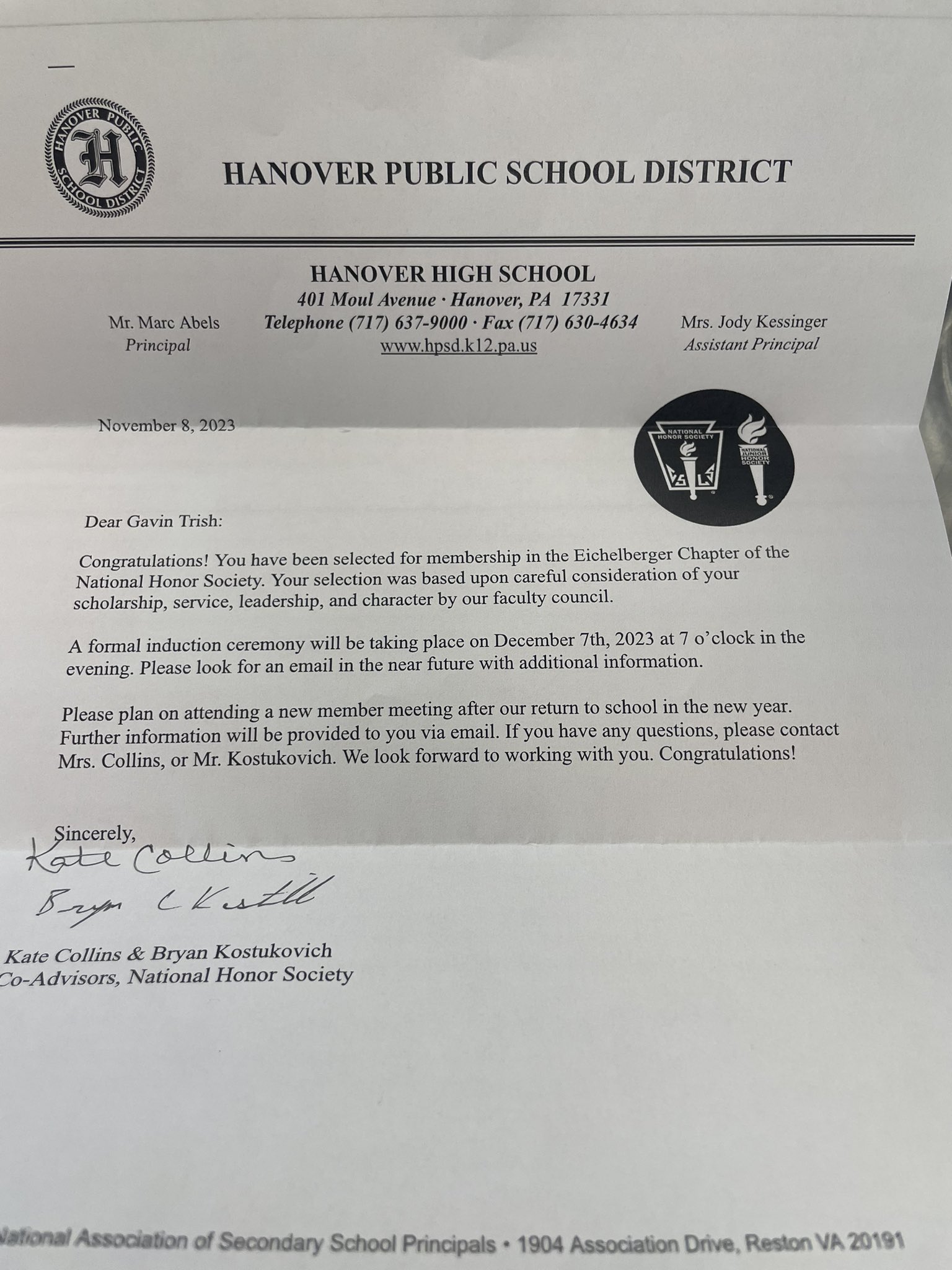 National Honor Society Acceptance Letter