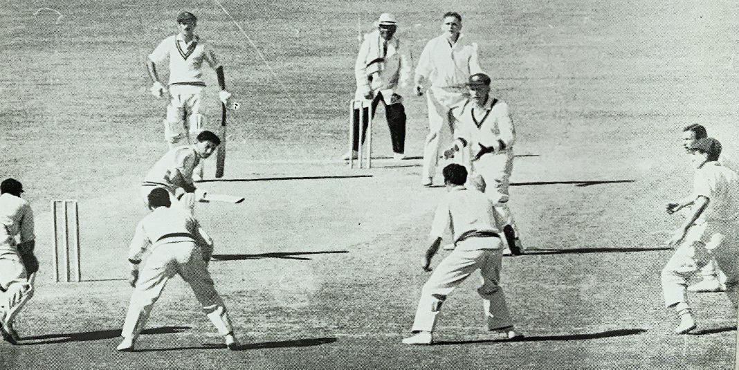 Abbas Ali Baig is hemmed in by Aussie fielders at Kanpur in 1959 with ...