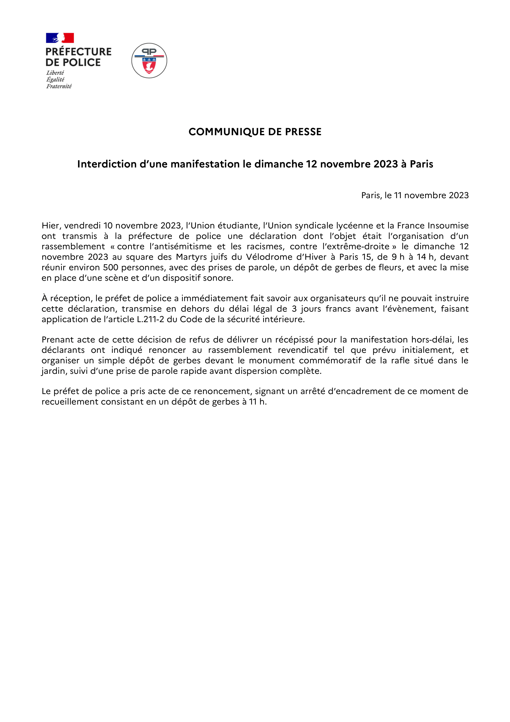 PARIS :Ce dimanche ,Interdiction d’une manifestation des Insoumis amis ... PARIS :Ce dimanche ,Interdiction d’une manifestation des Insoumis amis ...