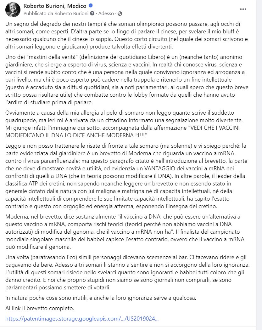 1. Io so di cosa parla il brevetto di Moderna, è Burioni che si è perso ...