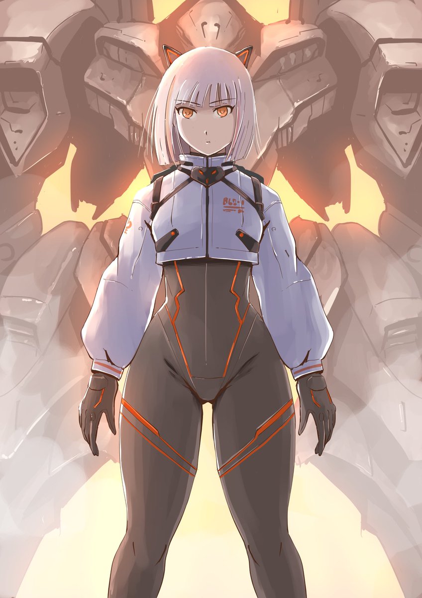 1girl robot orange eyes mecha white hair bodysuit short hair ...