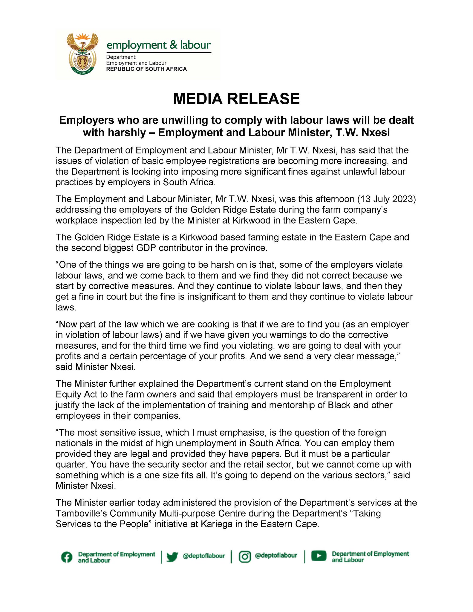 Department of Employment and Labour on Twitter: "[Media Release] Employers who are unwilling to ...