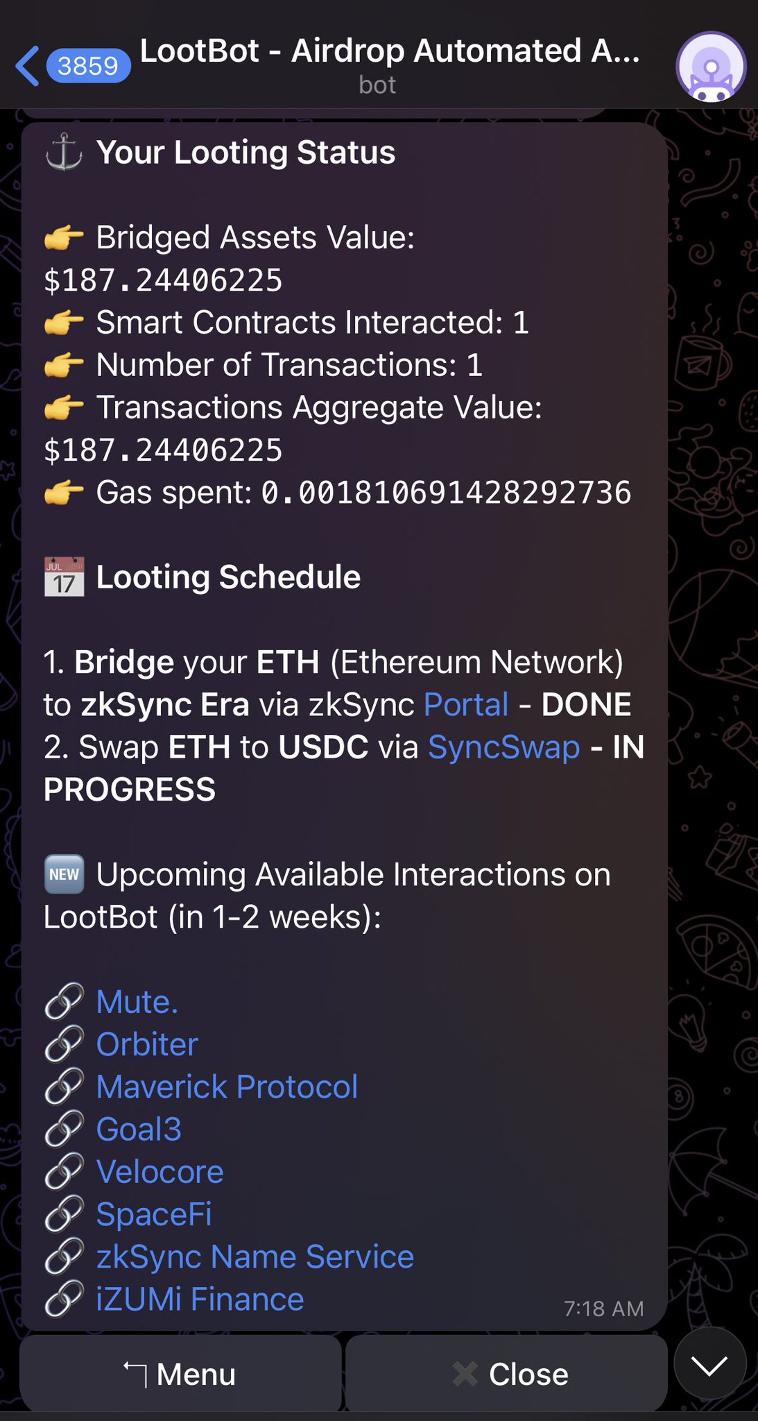 notEezzy 🧸 on Twitter: "Started farming ZkSync with Lootbot Allow Lootbot farm your airdrops ...