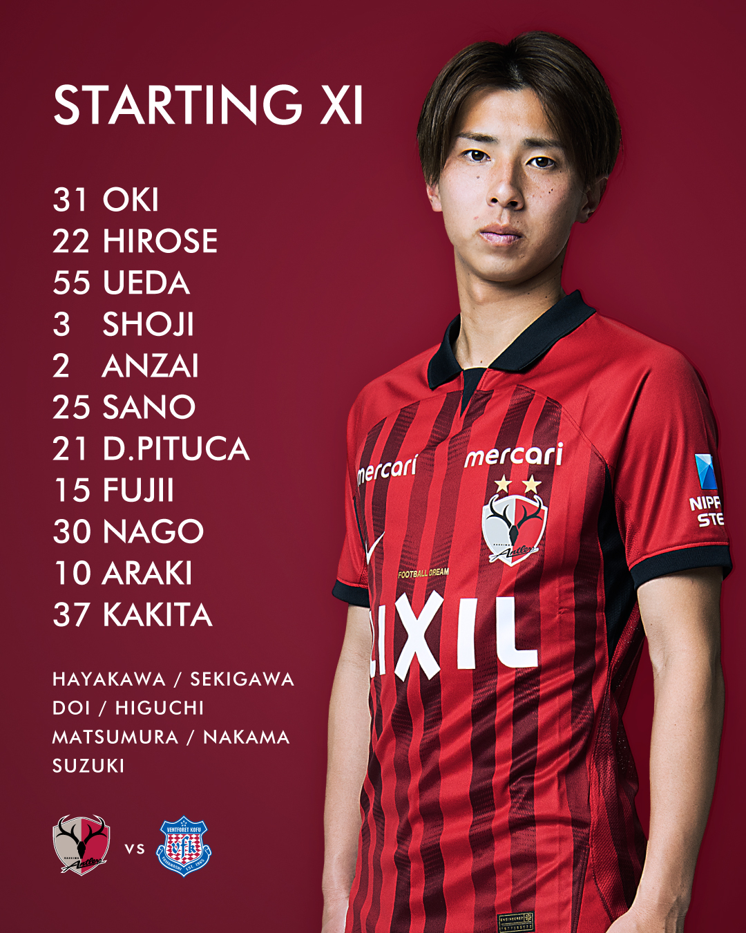 鹿島アントラーズ on Twitter: "【7/12 甲府戦】 スタメン： GK 沖悠哉 DF 広瀬陸斗 植田直通 昌子源 安西幸輝 MF 佐野海舟 ディエゴピトゥカ 藤井智也 名古新太郎 ...