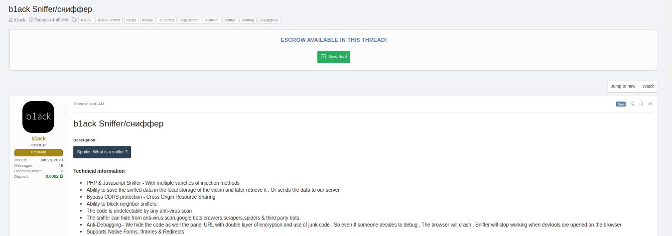 FalconFeedsio on Twitter: ""b1ack Sniffer" is a malicious tool advertised in hacker forums. It ...