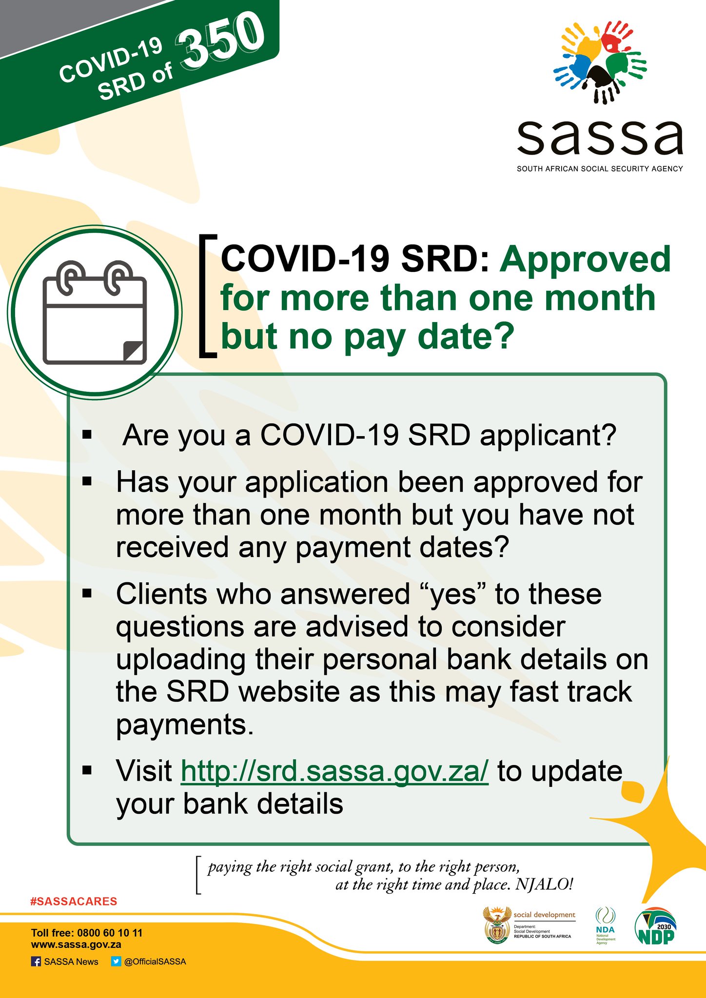 SASSA on Twitter: "[COVID-19 SRD] Approved for more than one month but no pay date? This is what ...