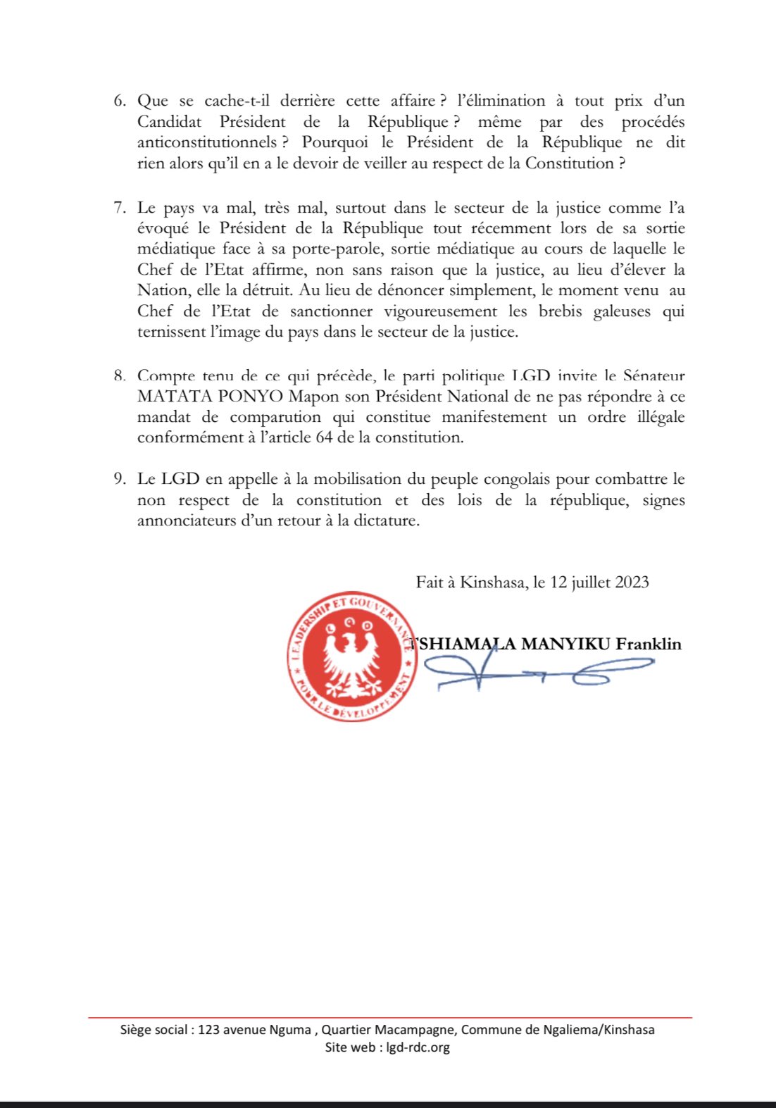 LGD on Twitter: "#RDC: 12.07.2023|#Kinshasa Communiqué de Presse du Parti Politique @LGD_RDC en ...