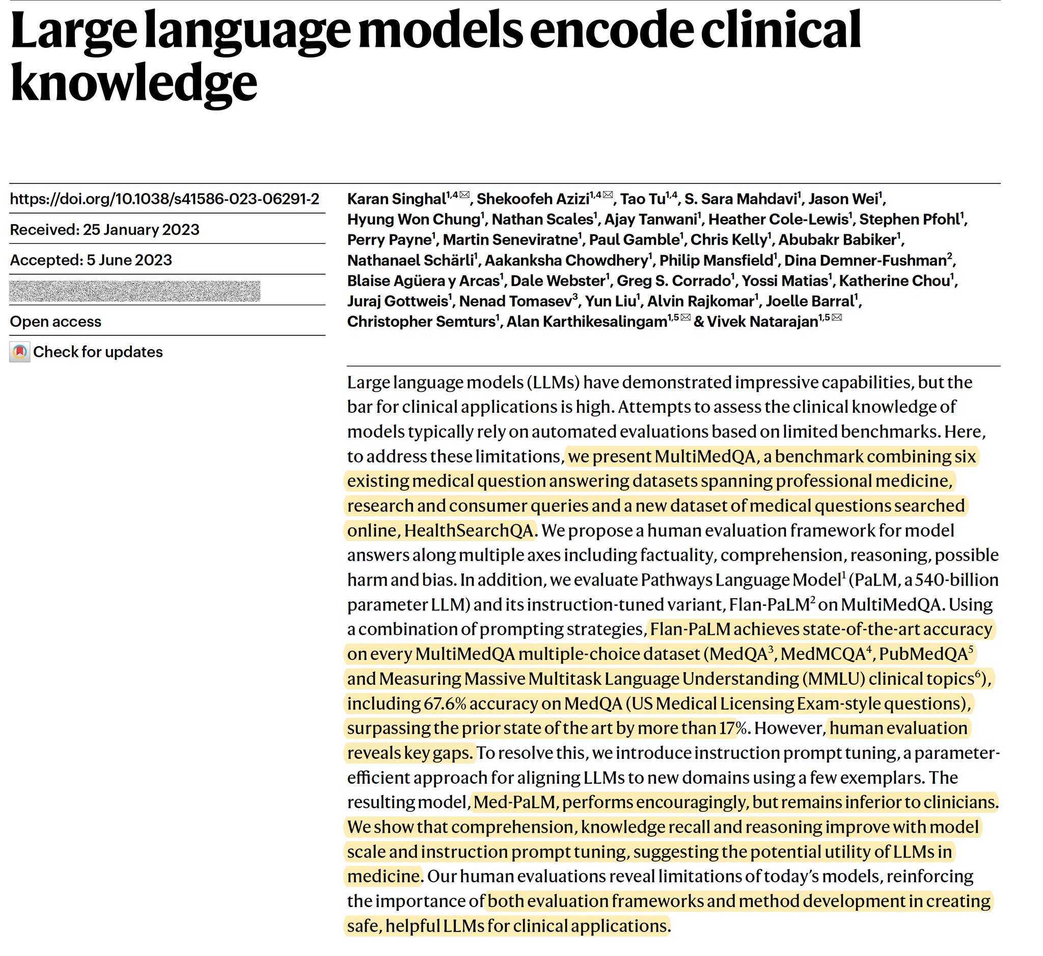 Eric Topol on Twitter: "🆕 @Nature Large language models with increasing clinical knowledge "We ...