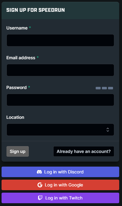 Speedrun.com on Twitter: "Sign into or sign up for Speedrun with Google, Discord, or Twitch ...