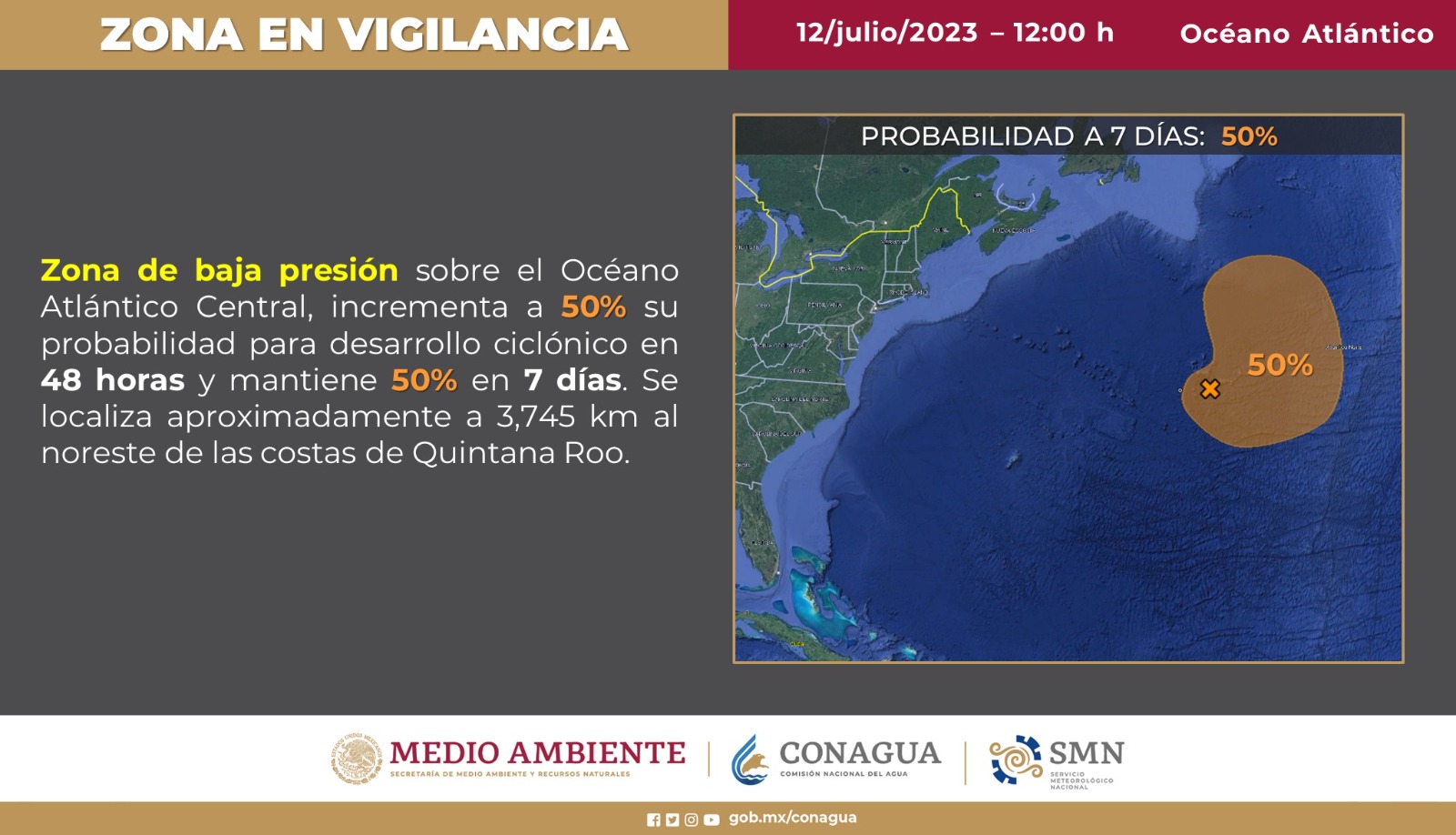 Protección Civil Cancún on Twitter: "⚠️ ZONA EN VIGILANCIA 12-07-23 Océano Atlántico Zona de ...