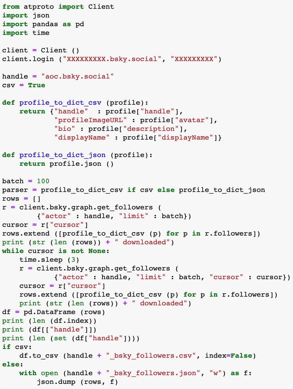 Conspirador Norteño on Twitter: "Here's some simple Python code for downloading Bluesky follower ...