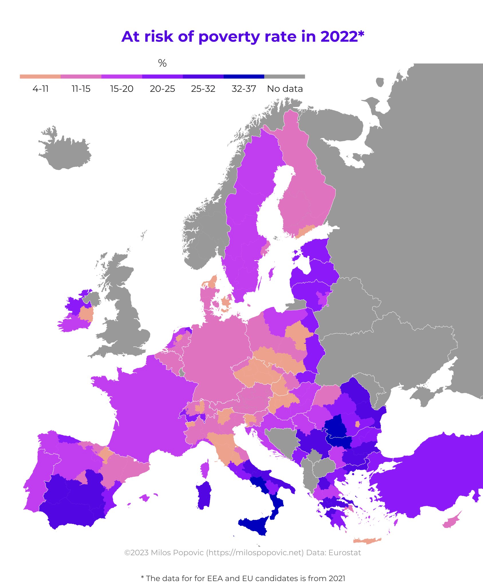 Milos Popovic on Twitter: "My new map shows at-risk-of-poverty by NUTS region using 2022 ...