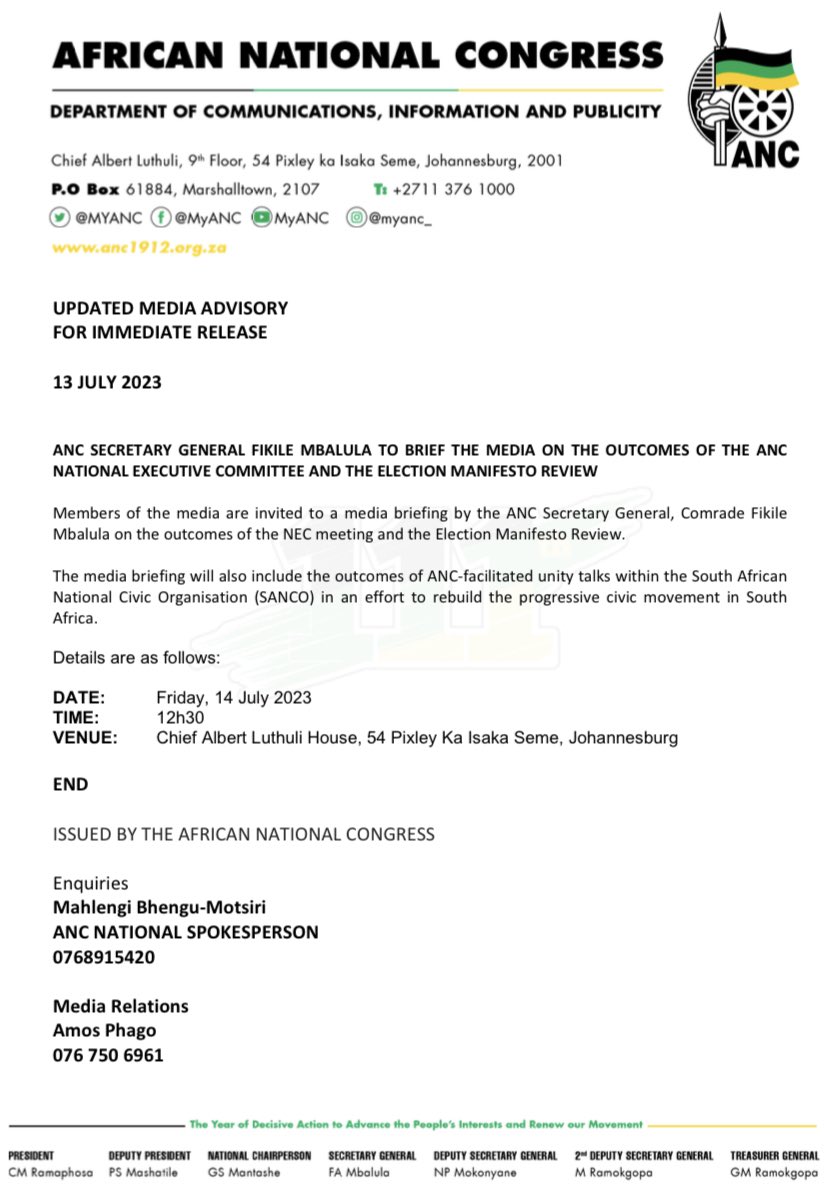 ANC SECRETARY GENERAL | Cde Mbalula on Twitter: "Members of the media are invited to a media ...
